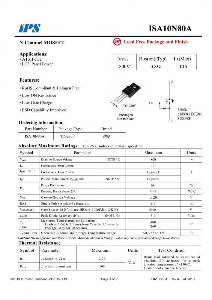 ISA10N80A datasheet page 1
