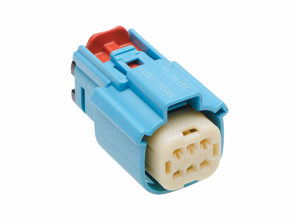 MX150 Mid-Voltage Mat-Sealed Female Connector Assembly, Dual Row, 6 Circuits, 48V, Keying Option A, with Connector Position Assurance, Light Blue for sale