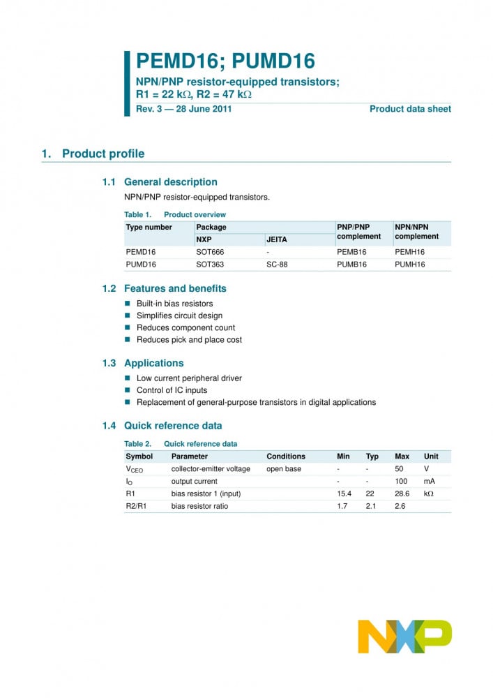 PUMD16 datasheet page 1