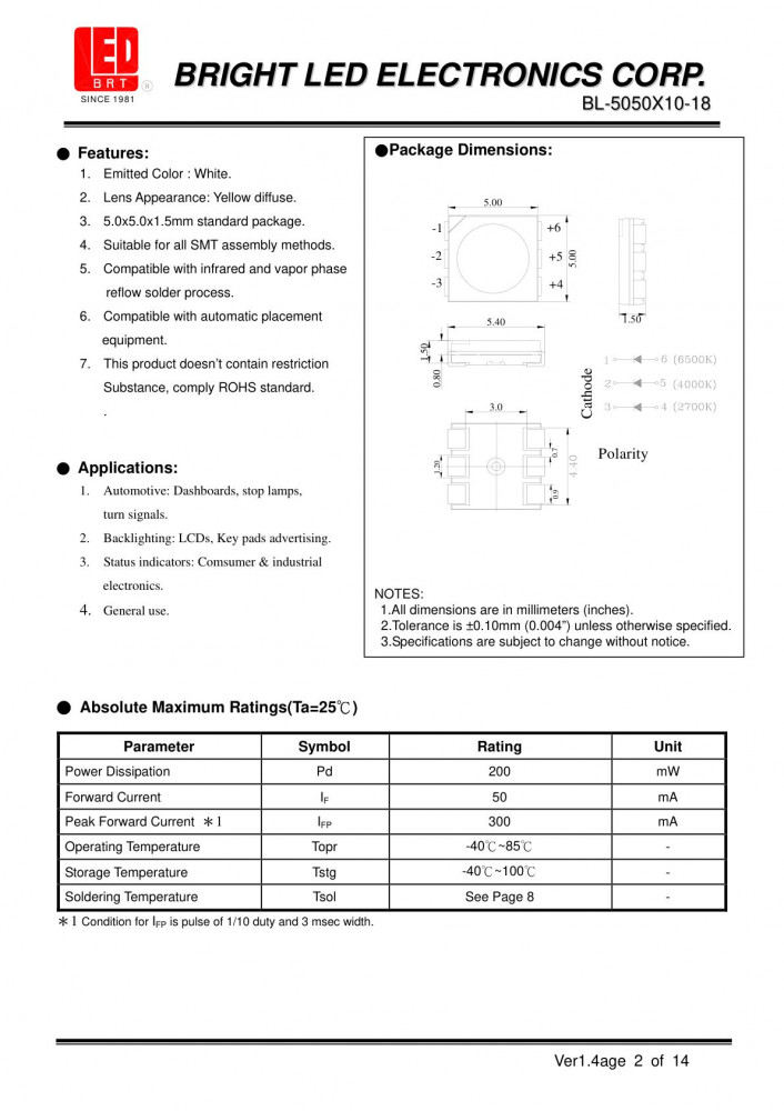 BL-5050X10-18 datasheet page 1