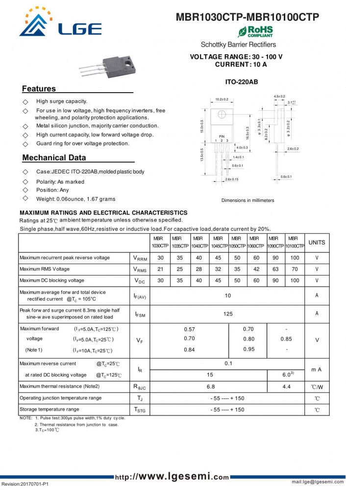 MBR10100CTP LGE datasheet page 1