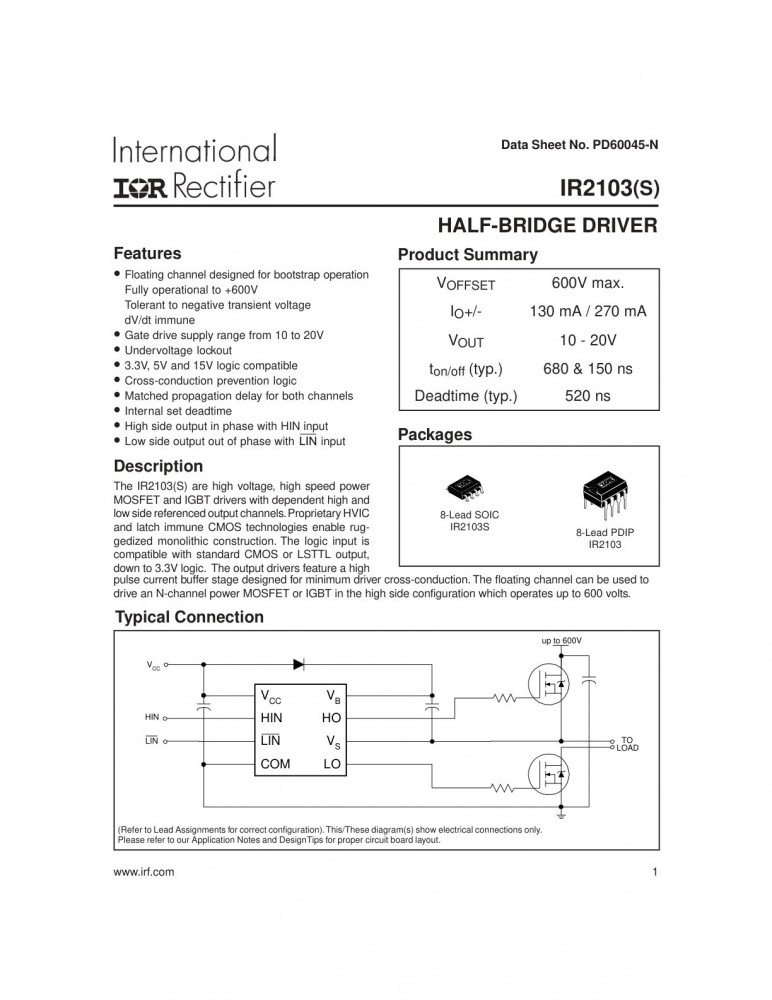 IR2103STRPBF datasheet page 1