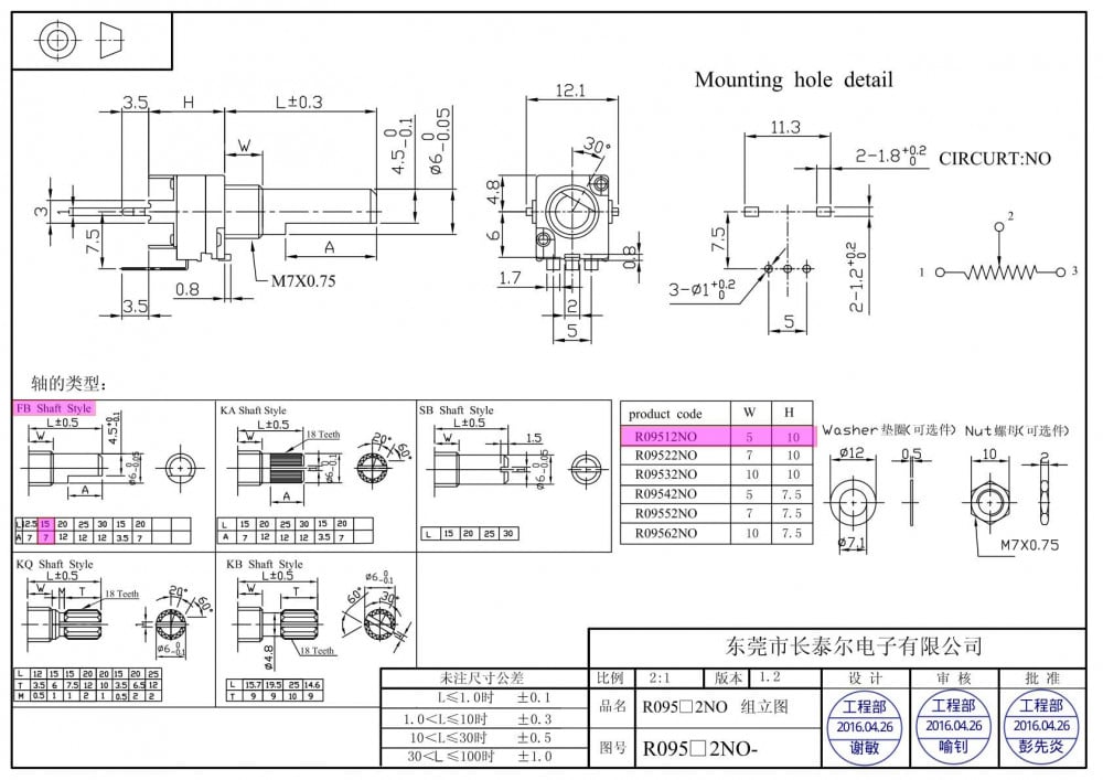 CTR R095 potentiometer drawing page