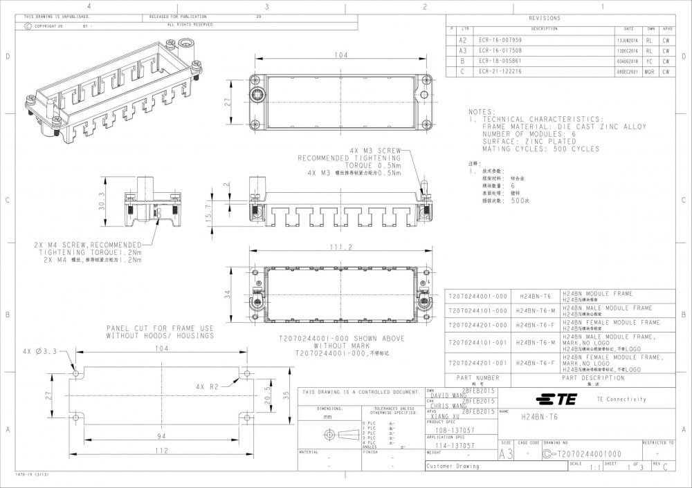 TE Connectivity T2070244101-000 drawing page 1