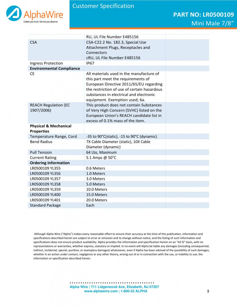 Alpha Wire LR0500109 YL400 technical document page 2