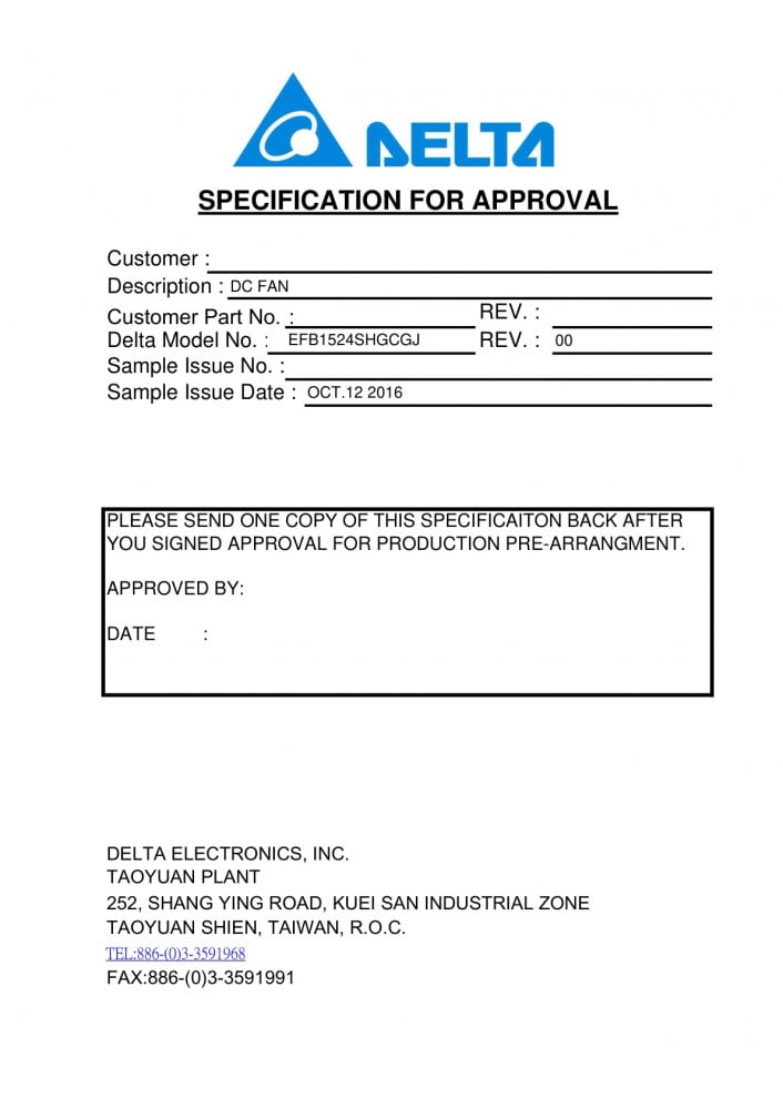 DELTA EFB1524SHG approval specification page 1
