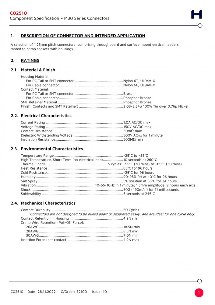 Harwin M30 Series connector specification page 2