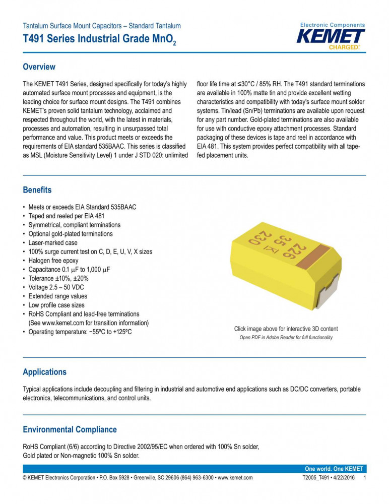 KEMET T491 datasheet page 1
