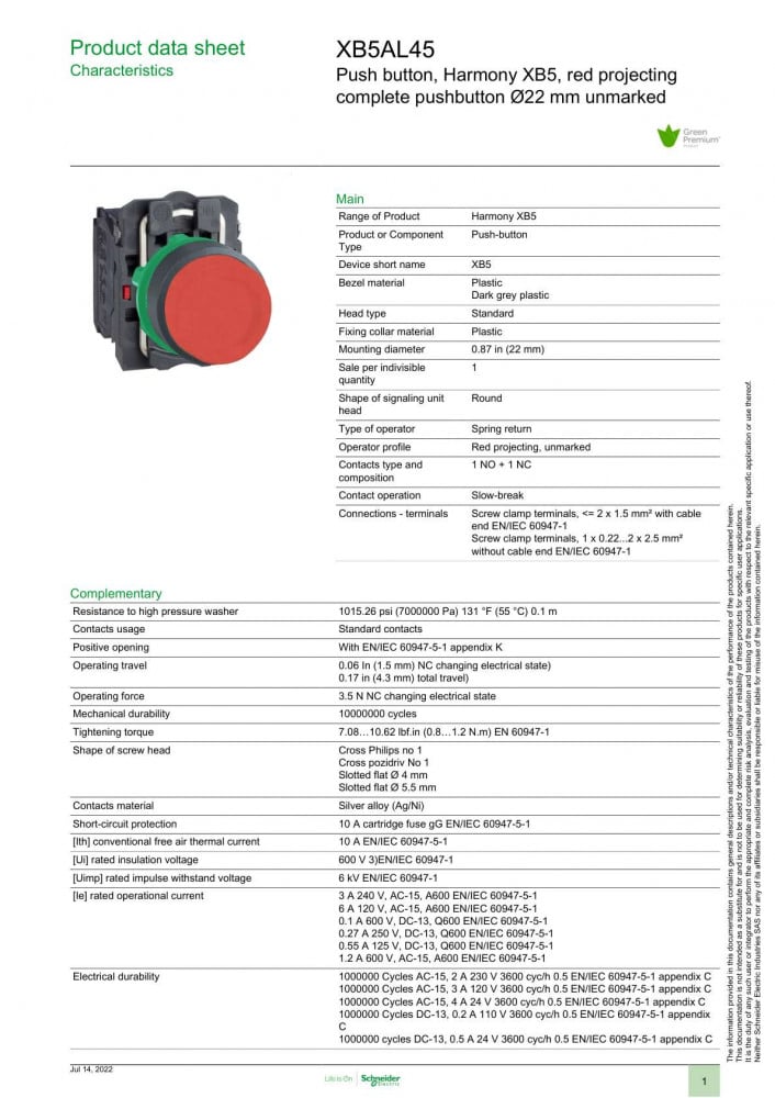XB5AL45 technical document page 1
