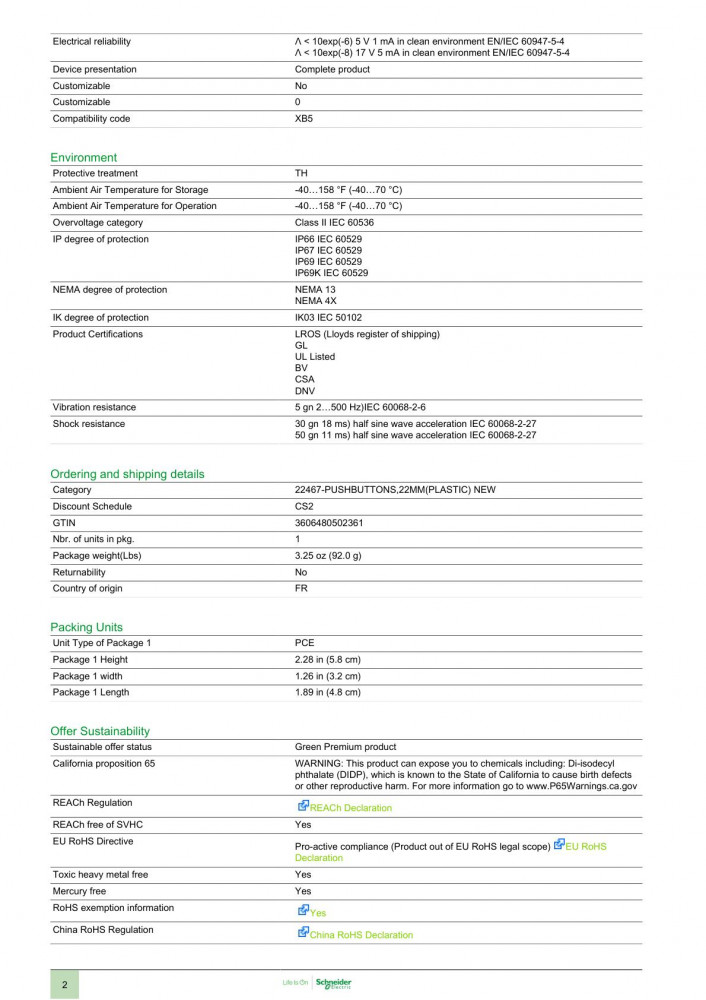 XB5AL45 technical document page 2