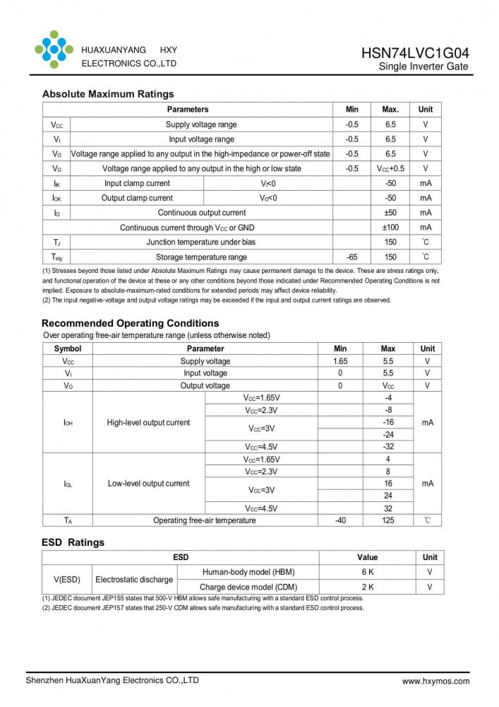 HSN74LVC1G04DCKR datasheet page 2