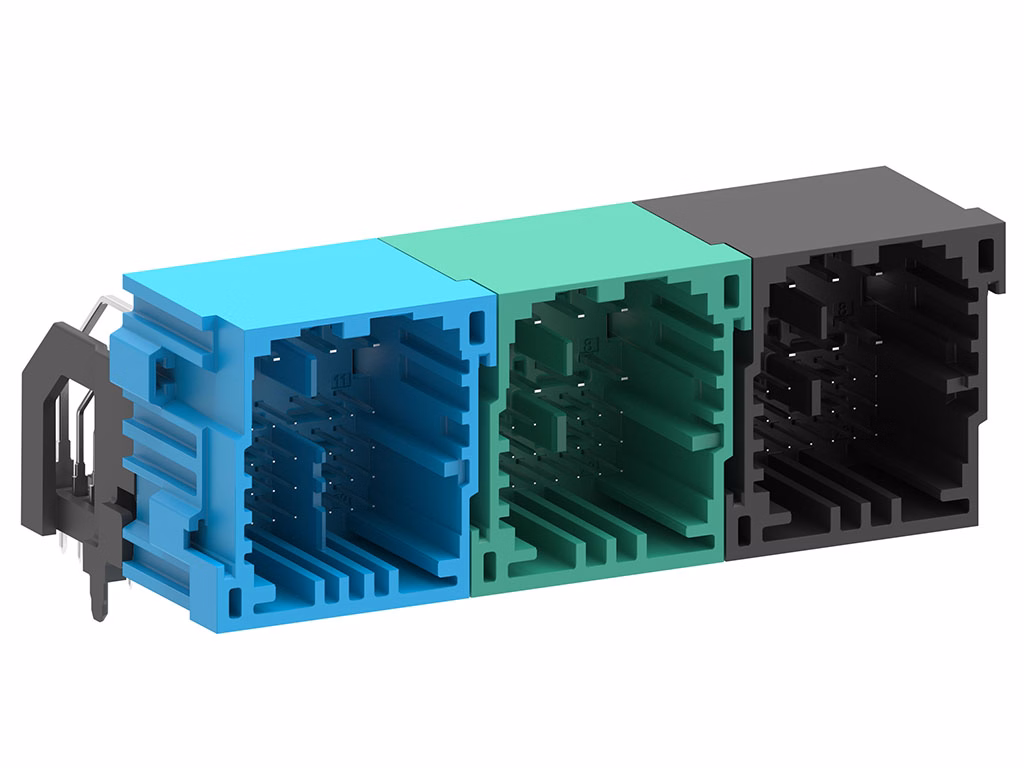 stAK50h 2 Bay Right-Angle Hybrid Header, 64 Circuits, Bay 1: 32 Circuits/Key 3/Dark Gray; Bay 2: 32 Circuits/Key 4/Purple; Tray