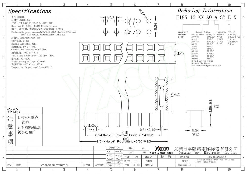 Yxcon F185-1214A0ASYE2 technical drawing