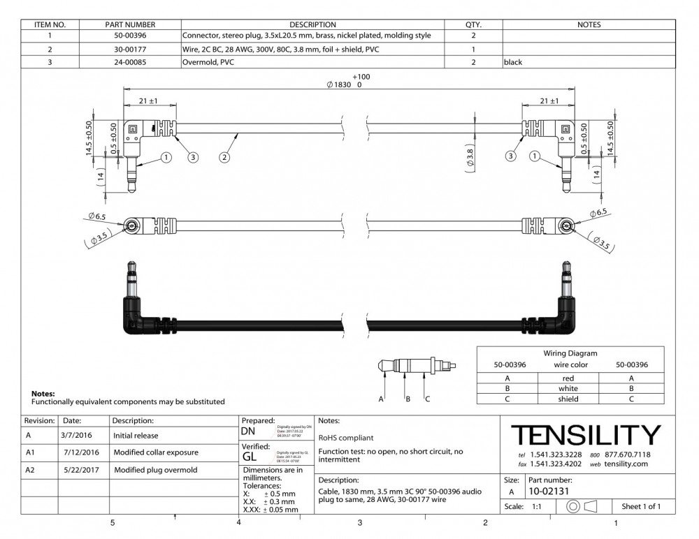 Tensility International 10-02131 product drawing and wiring reference