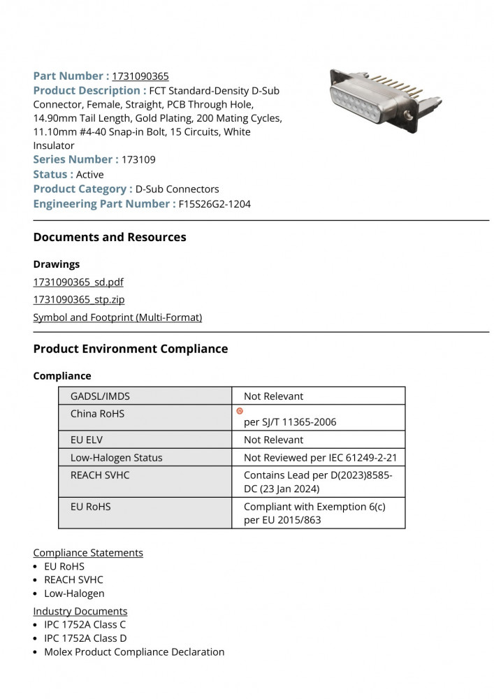 MOLEX 1731090365 technical document preview, page 1