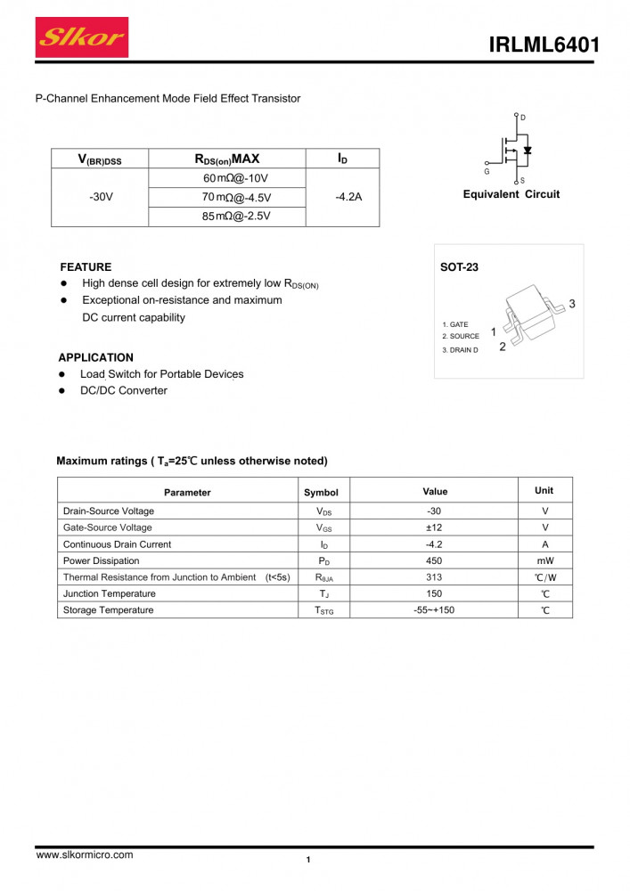 IRLML6401 datasheet page 1