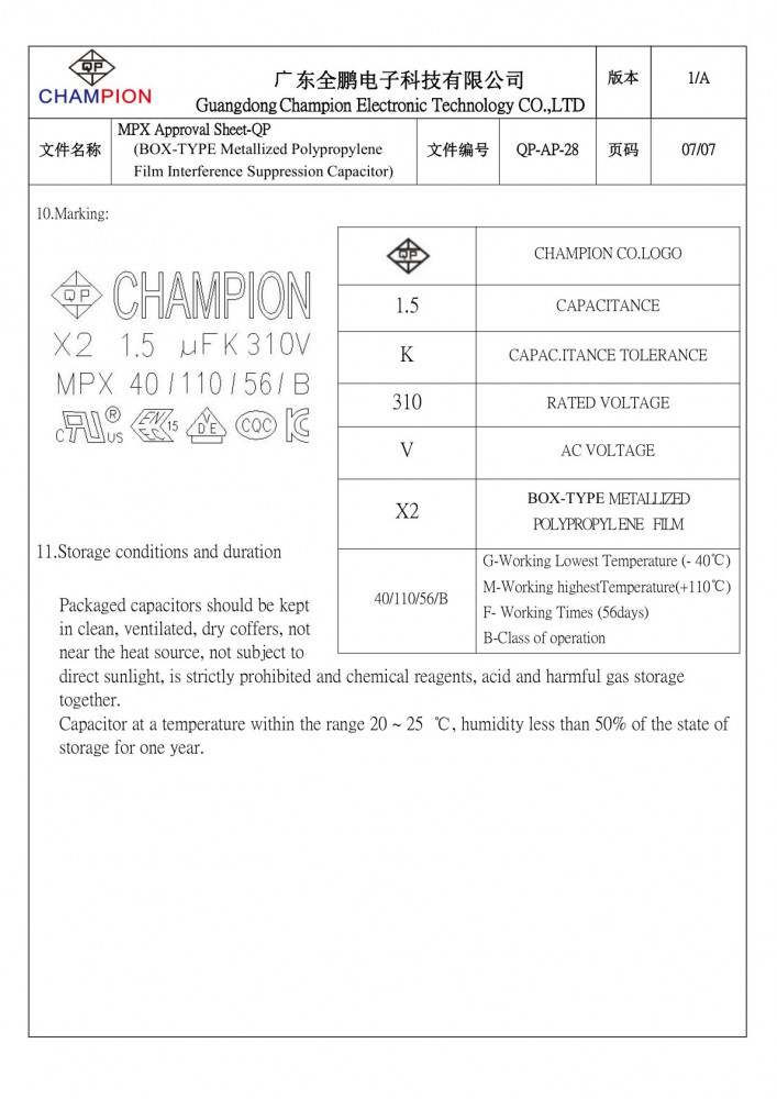 CHAMPION MPX-QP approval sheet supplementary page