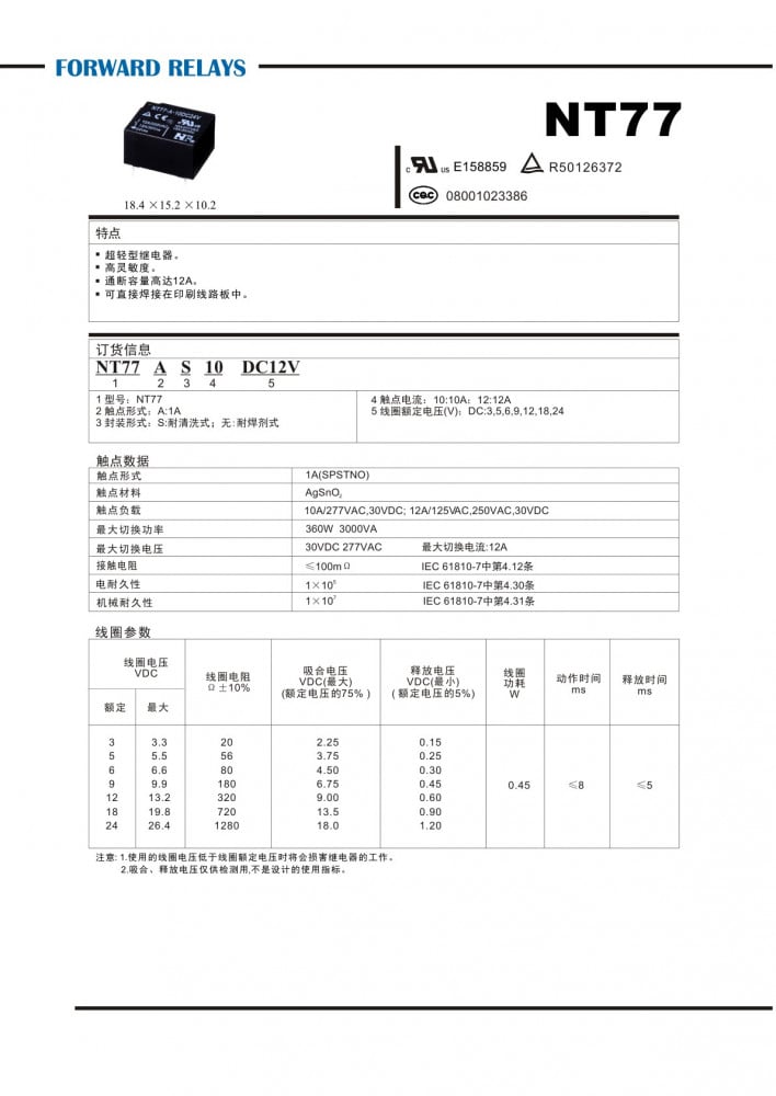NF NT77A relay datasheet page 1