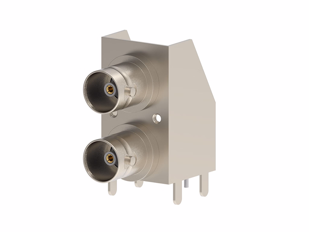 BNC Jack, Right-Angle, Bulkhead Receptacle, PCB, Through Hole, Panel Isolated, Black PBT Housing, Housing Height 15.88mm, Nut and Lockwasher Included, Tray, 75 Ohms