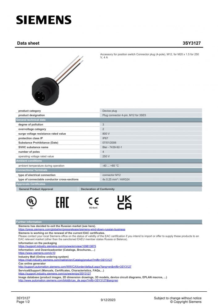 SIEMENS 3SY3127 datasheet page 1