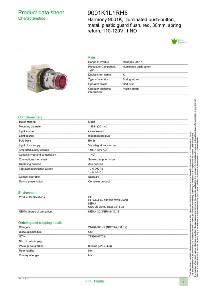 9001K1L1RH5 technical document page 1