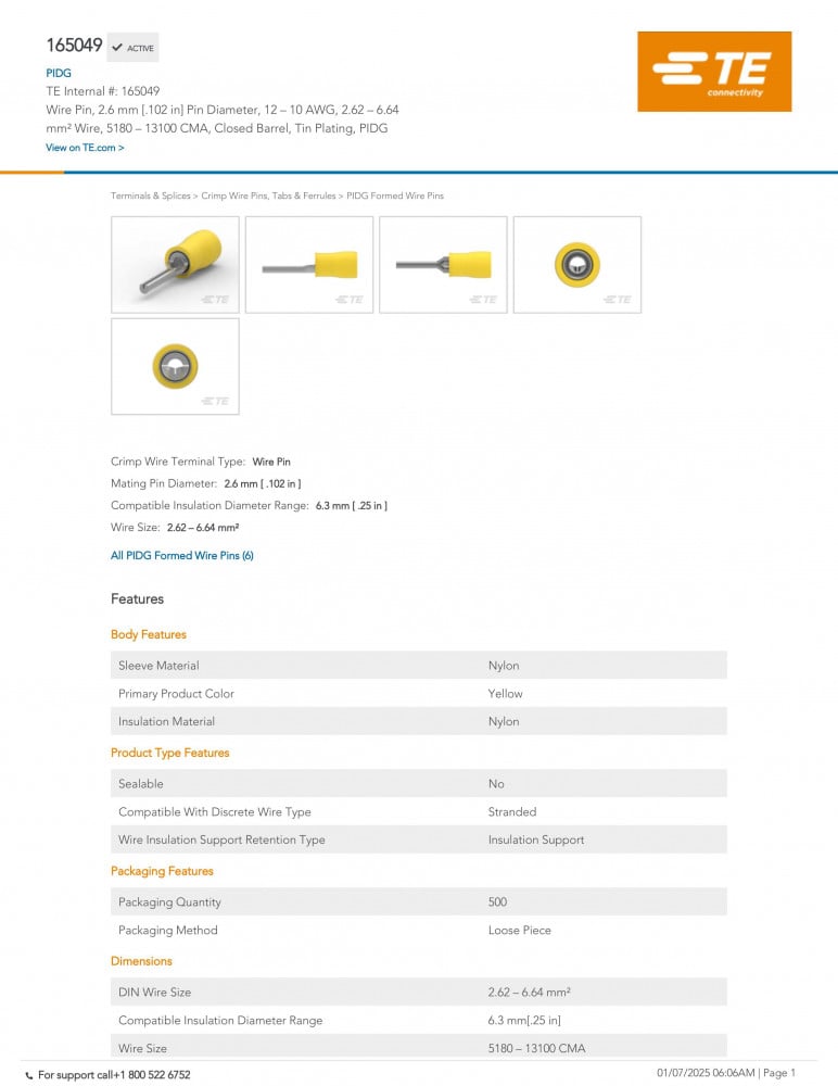 TE Connectivity 165049 technical document page 1