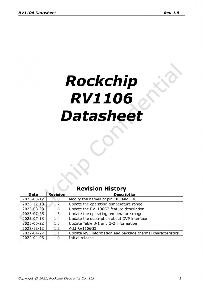 RV1106 datasheet page 1