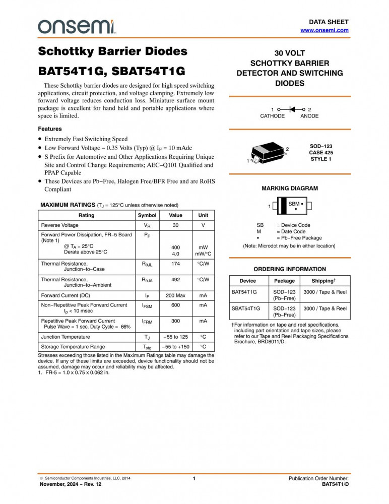 SBAT54T1G datasheet page 1