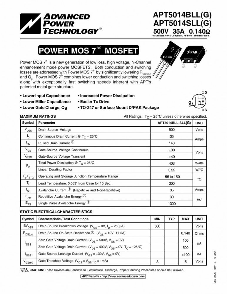 APT5014SLLG datasheet page 1