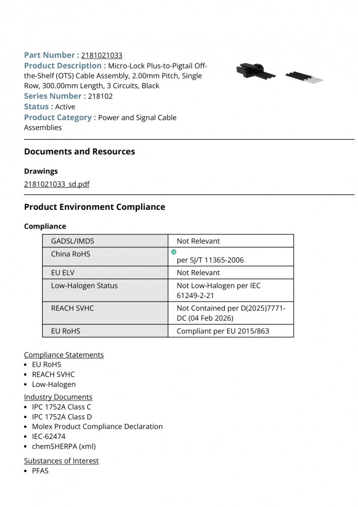 MOLEX 2181021033 product drawing preview, page 1
