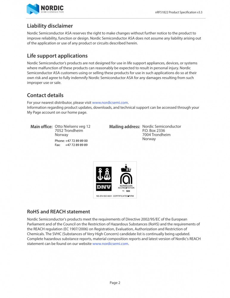 nRF51822 product specification page 2