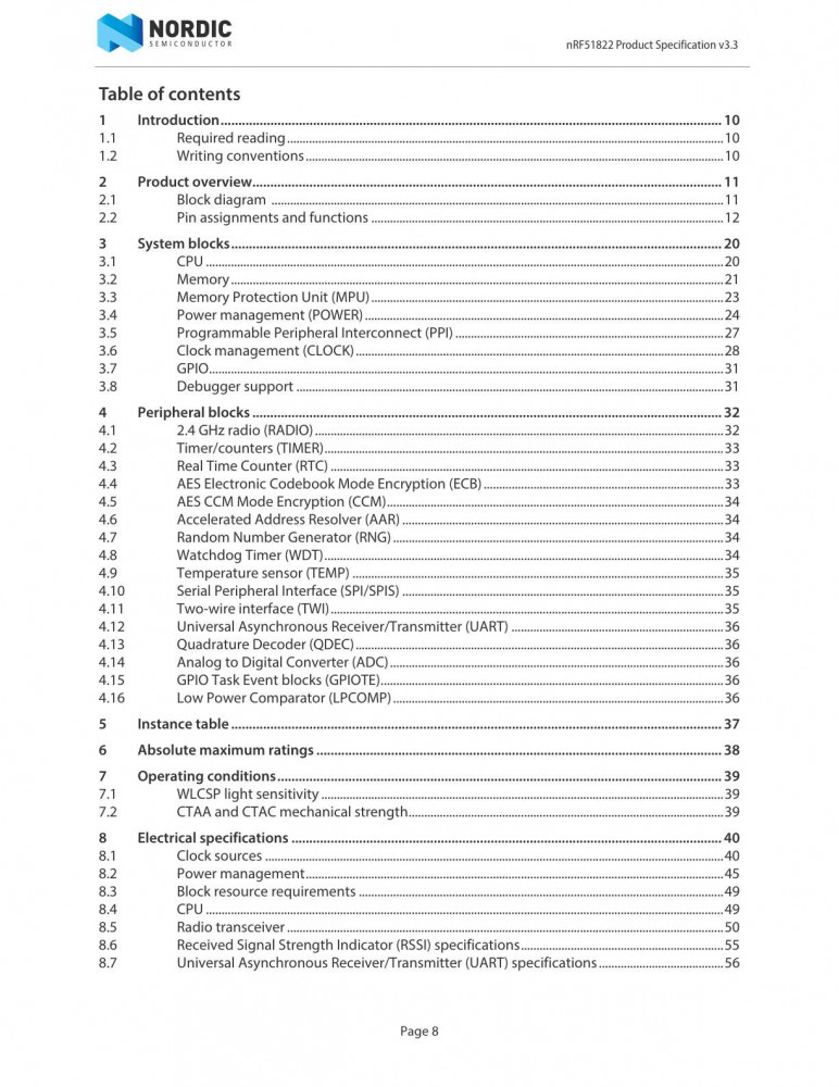 nRF51822 product specification page 8