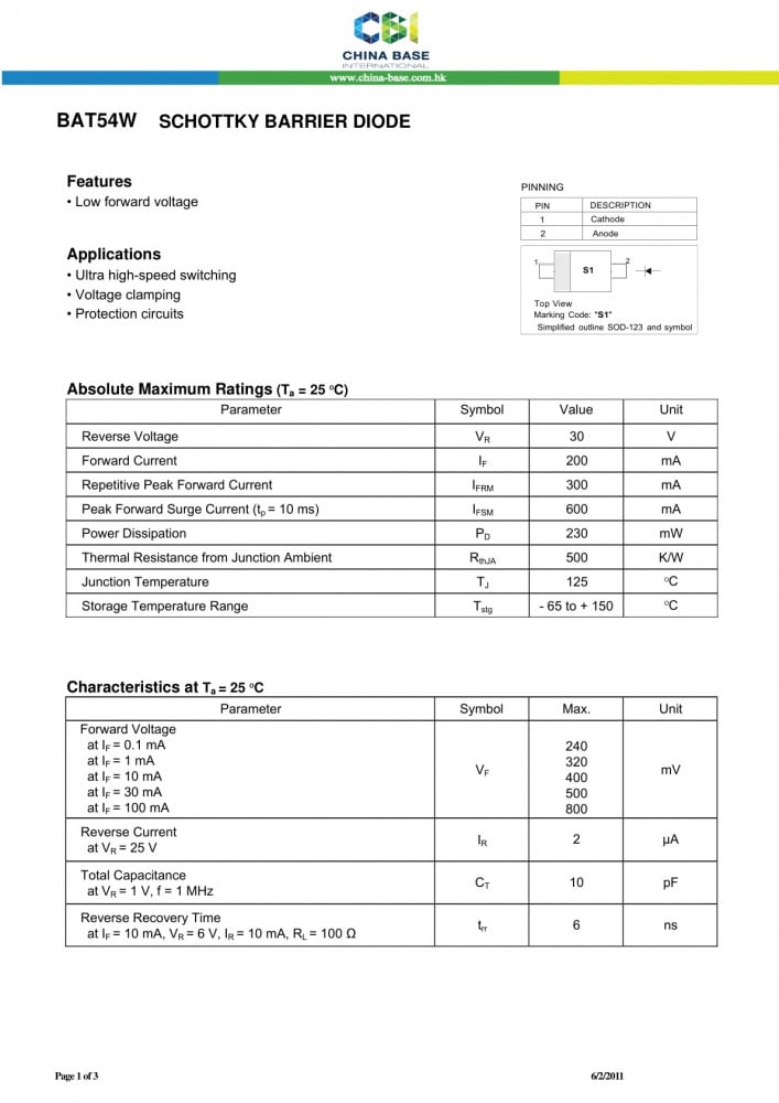 CBI BAT54W S1 datasheet page 1
