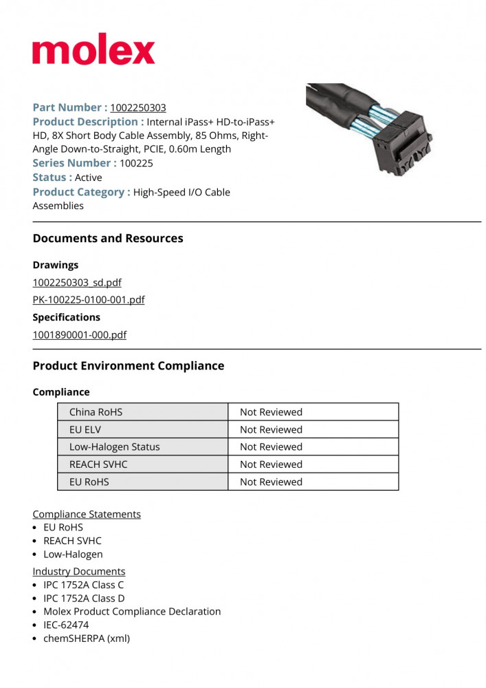 MOLEX MiniSAS HD cable assembly product specification image, page 1