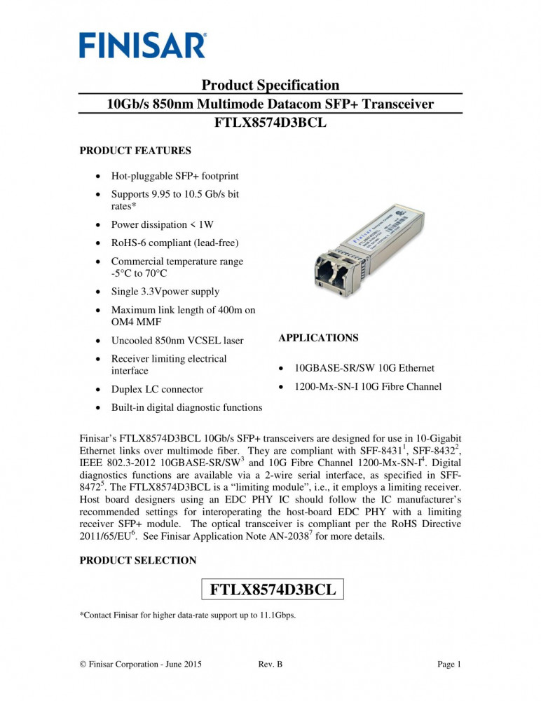 FTLX8574D3BCL datasheet page 1