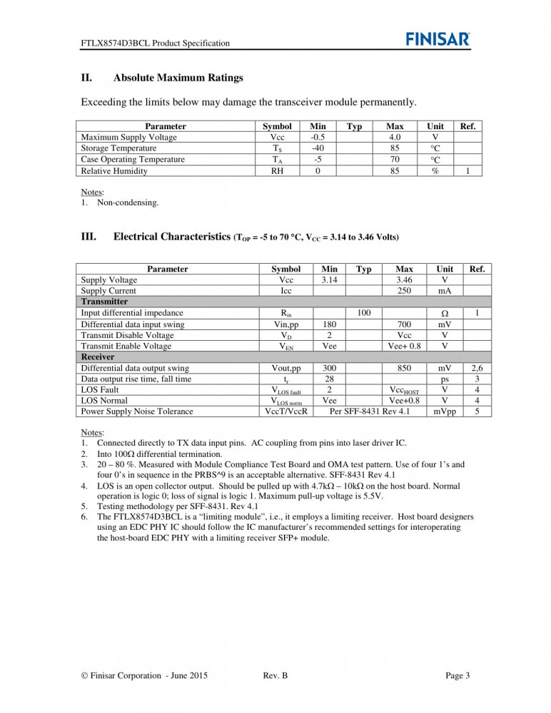 FTLX8574D3BCL datasheet page 3