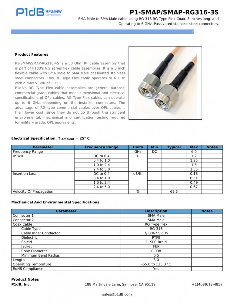 P1dB RF cable assembly technical document image 1
