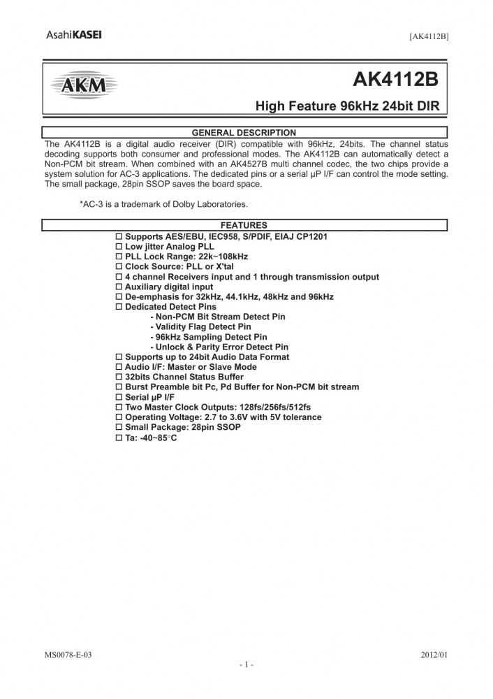 AK4112BVM datasheet page 1