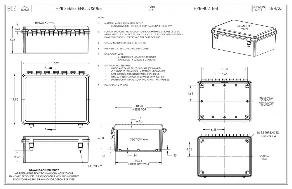 Bud Industries HPB-40218-B product drawing and technical notes