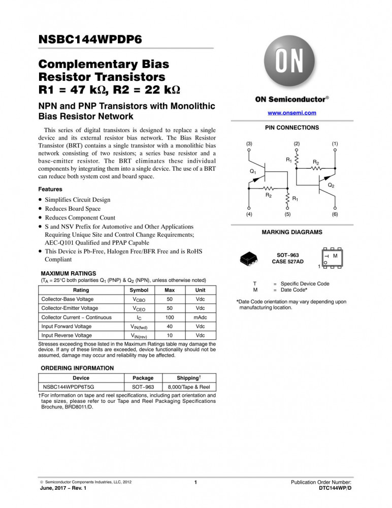 NSBC144WPDP6T5G datasheet page 1