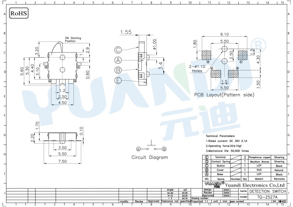Yuandi TQ-2527A technical drawing and material schedule