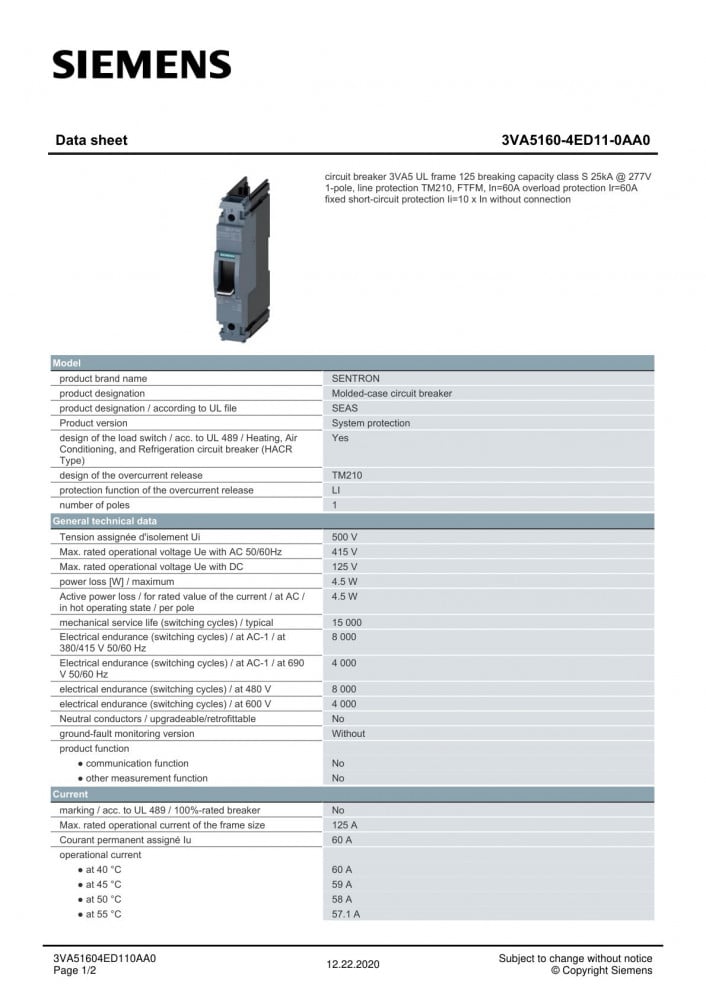3VA5160-4ED11-0AA0 datasheet page 1
