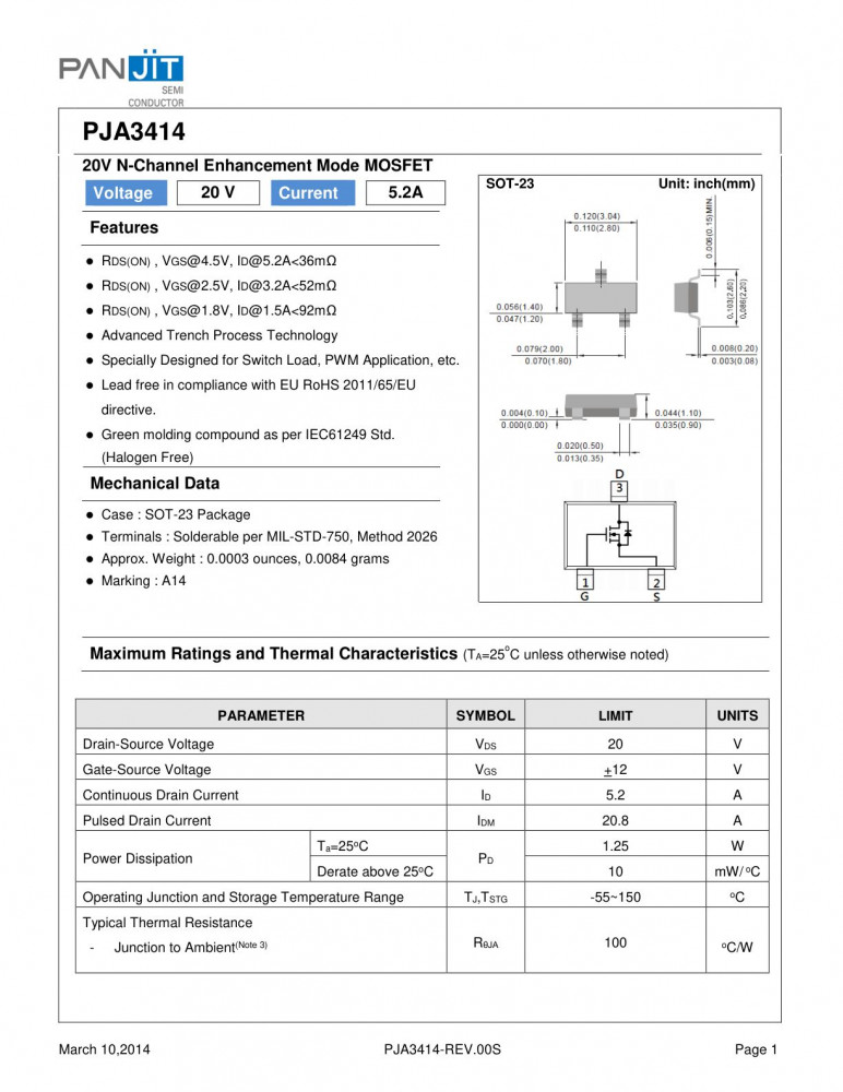 PJA3414 datasheet page 1