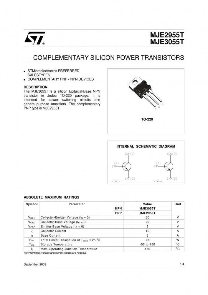 MJE2955T datasheet page 1