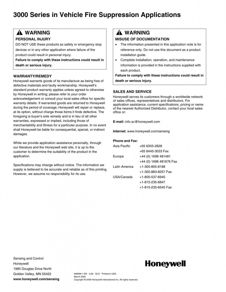 Honeywell 3000 Series vehicle fire suppression thermostat document page 2