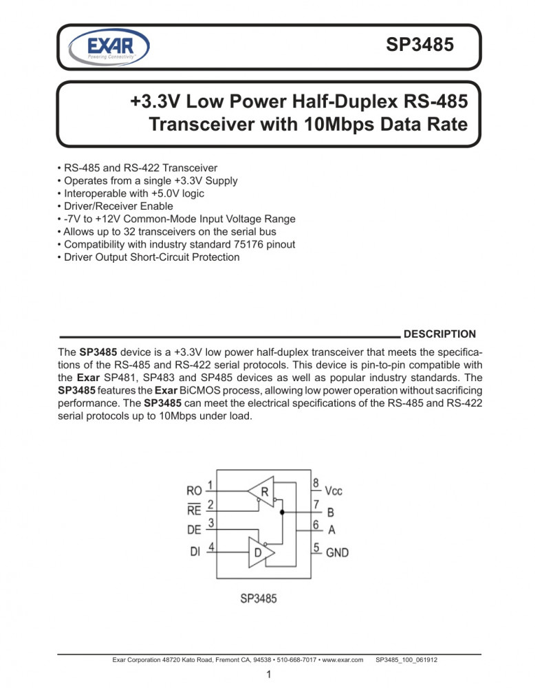 SP3485 datasheet page 1