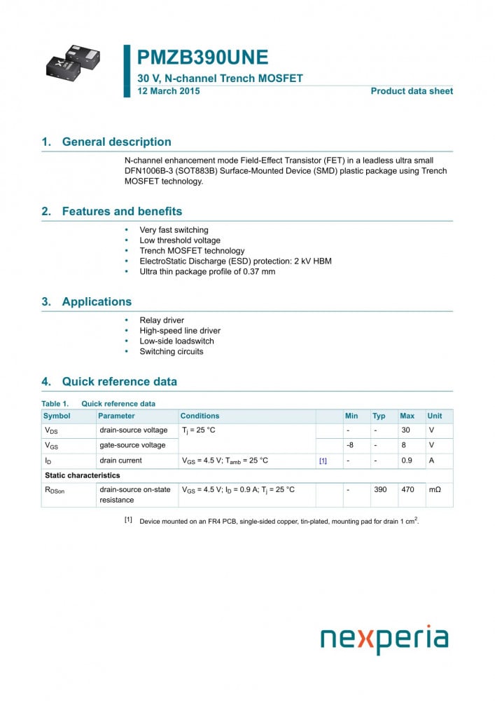 PMZB390UNEYL datasheet page 1