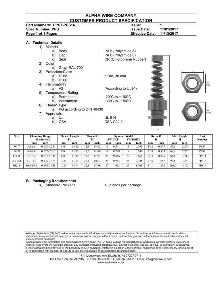 Alpha Wire PPS11 SL080 technical document