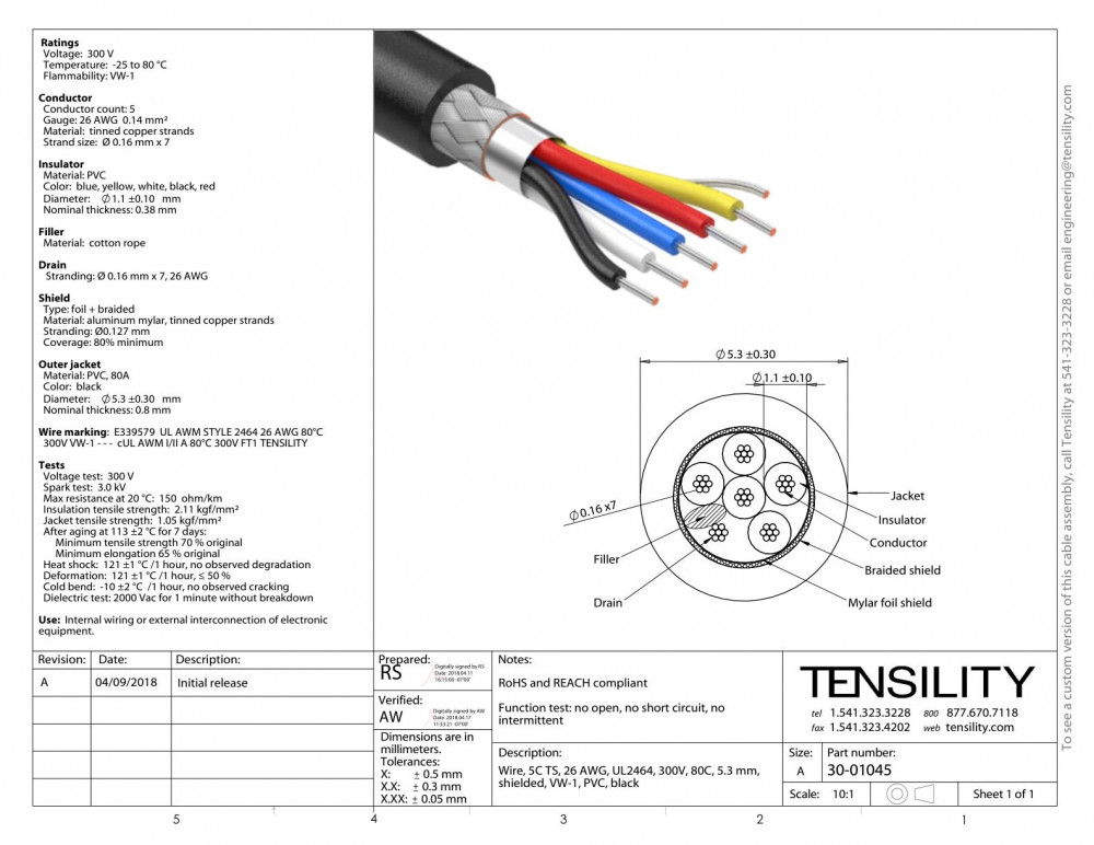 Tensility International 30-01045 cable specification drawing
