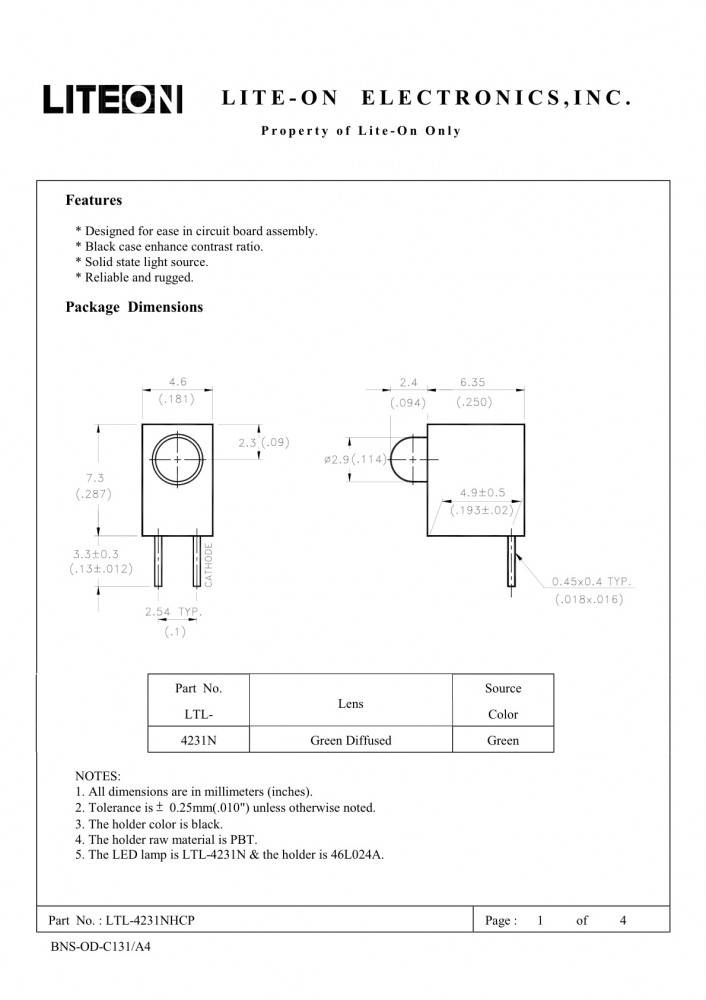 LTL-4231NHCP datasheet page 1